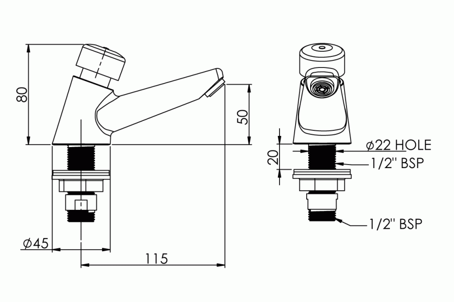 DELABIE TEMPOSTOP TIME FLOW BASIN PILLAR TAP - PUSH BUTTON - (TFC745)